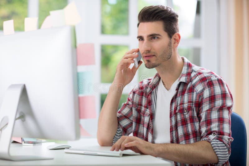 Man in Front of Computer, Back View Stock Photo - Image of business ...
