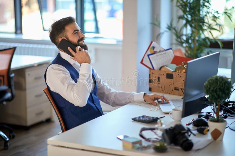 Male Office Worker Having a Phone Call Stock Image - Image of corporate ...