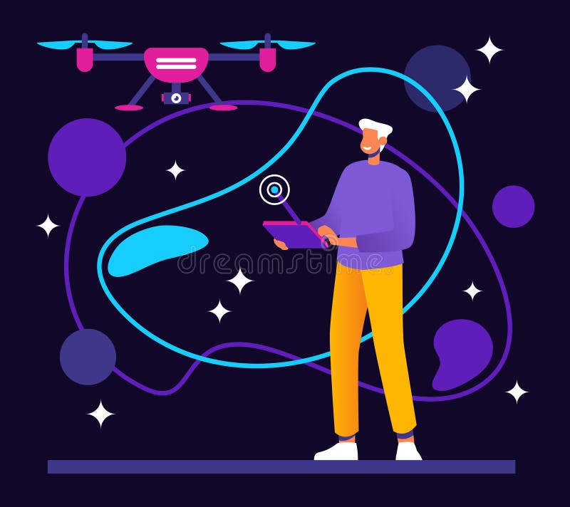 Male Operating Drone with Remote Control. Virtual Reality, Modern ...