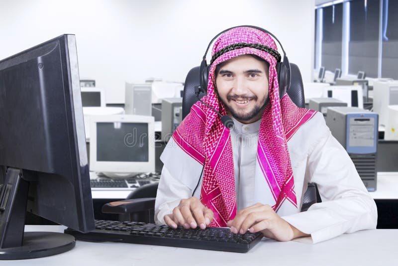 Male Operator with Computer and Headphone Stock Image - Image of ...