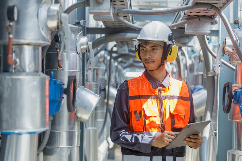 Male Operator Worker Using Tablet Checking Write Record Quality Cooling ...