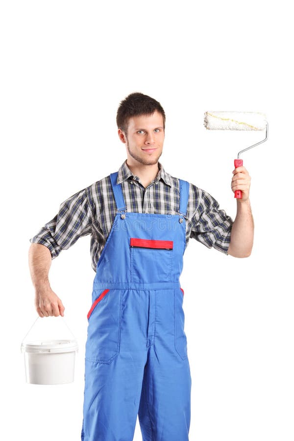 Rear View of Painter Man Painting the Wall, with Paint Roller and ...