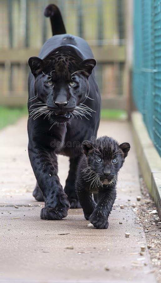 Male Panther and Cub Portrait with Ample Text Space, Object on Right ...