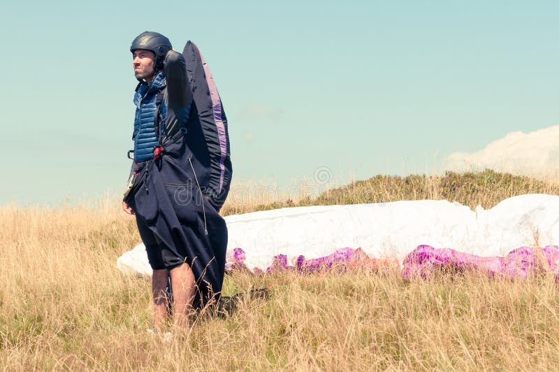 Male Paraglider Looking Away Waiting the Wind Stock Photo - Image of ...