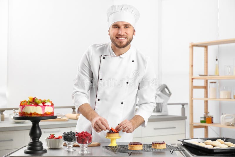 Male Pastry Chef Preparing Dessert at Table Stock Image - Image of ...