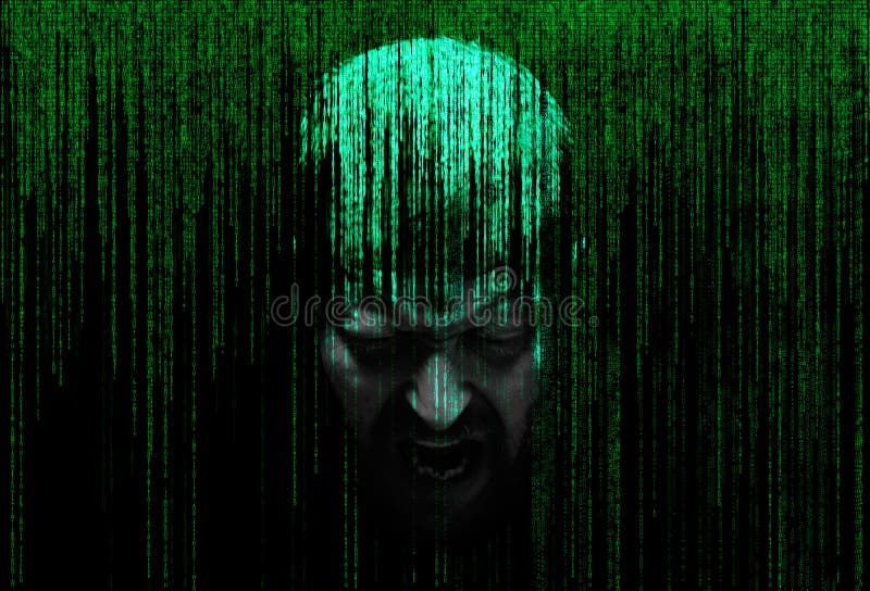 Man S Face with Eyes Closed, Immersed in a Matrix of Binary Code Stock ...