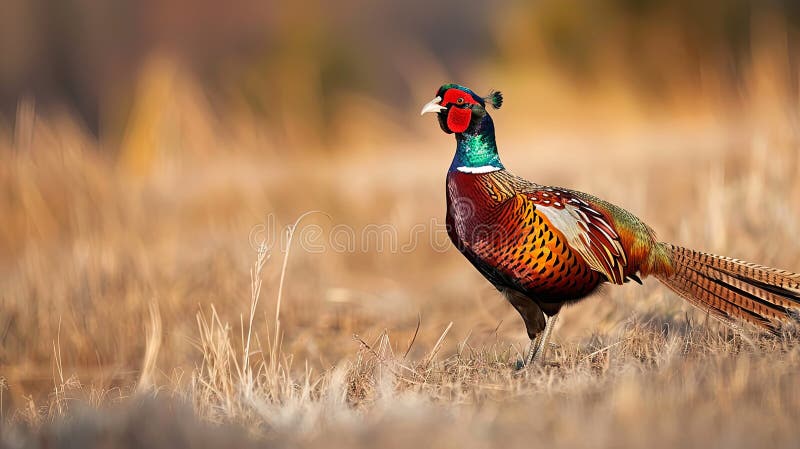A Male Pheasant Standing in a Field of Tall Grass, Looking To the Left ...