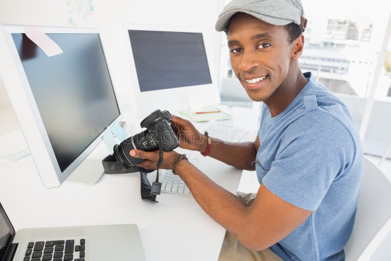 Male Photo Editor with Digital Camera in Office Stock Photo - Image of ...