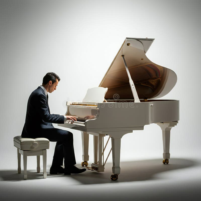 Male Pianist Playing Grand Piano on White Surface Stock Illustration ...