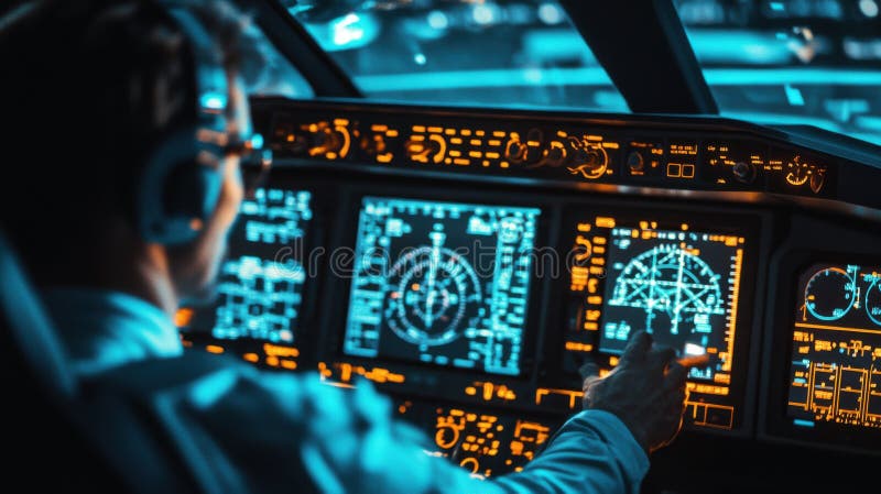 Male Pilot Operating Advanced Aircraft Cockpit Controls with ...