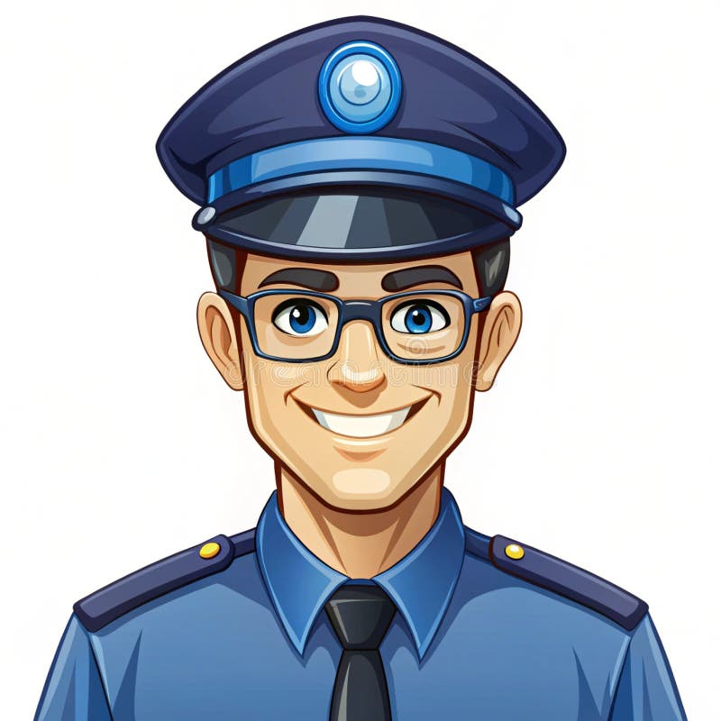 Male Policeman with Glasses Smiling in Blue Uniform Stock Illustration ...