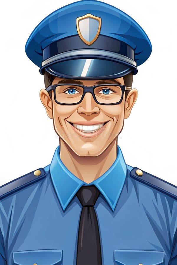 Male Policeman with Glasses Smiling in Blue Uniform Stock Illustration ...