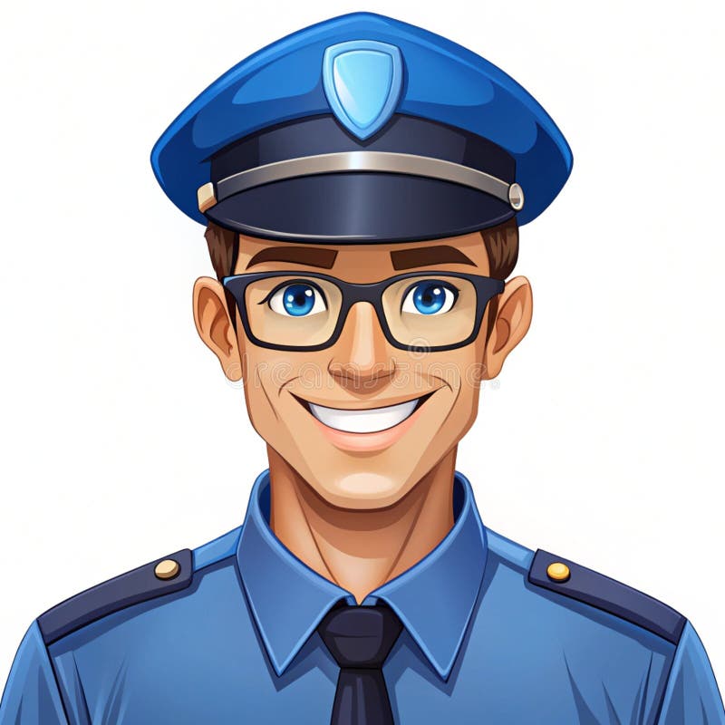 Male Policeman with Glasses Smiling in Blue Uniform Stock Illustration ...