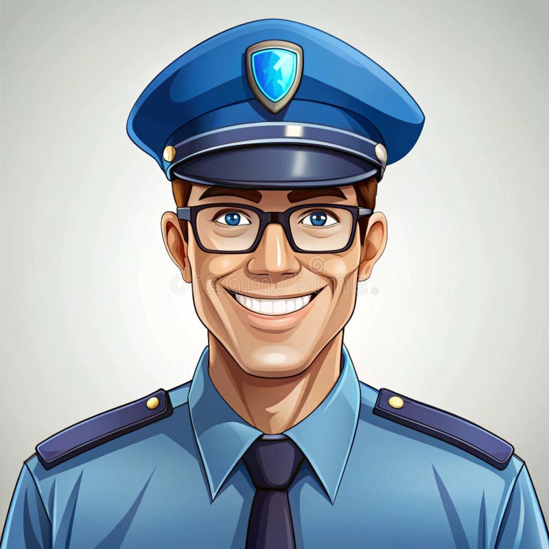 Male Policeman with Glasses Smiling in Blue Uniform Stock Illustration ...