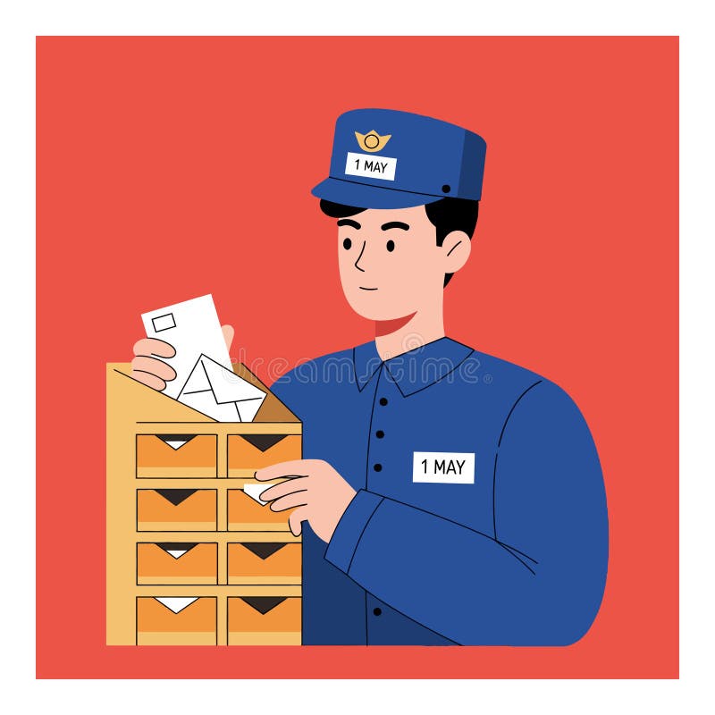Male Postal Worker Sorting Mail in Blue Uniform with Wooden Mailbox ...