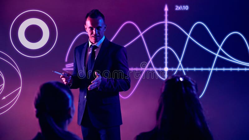 Male Presenter Engages Audience with Interactive Visual Data ...