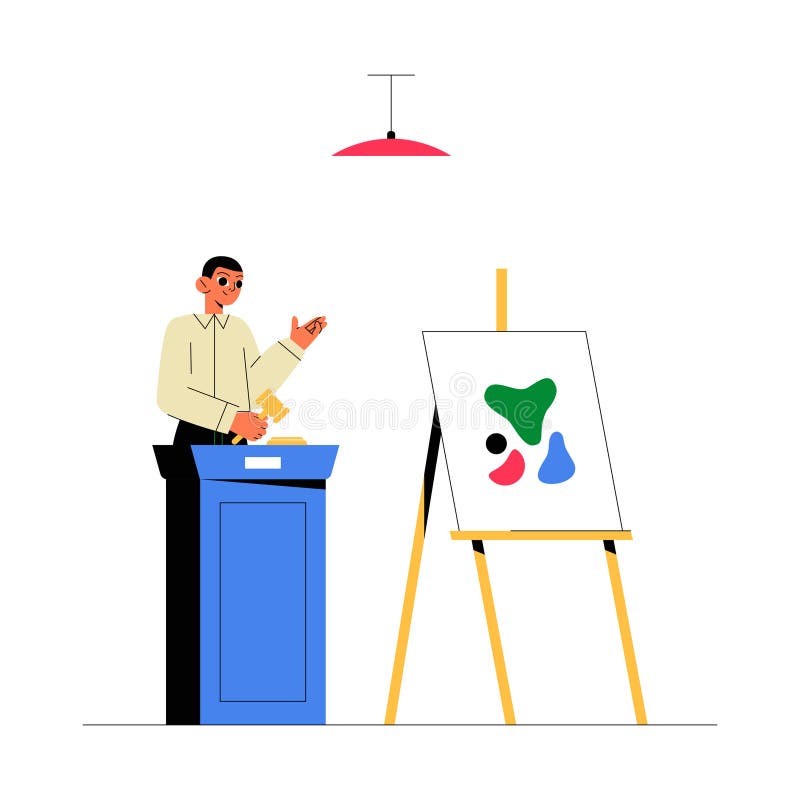 Male Presenter Explaining Art Concepts with Canvas on Easel in Flat ...