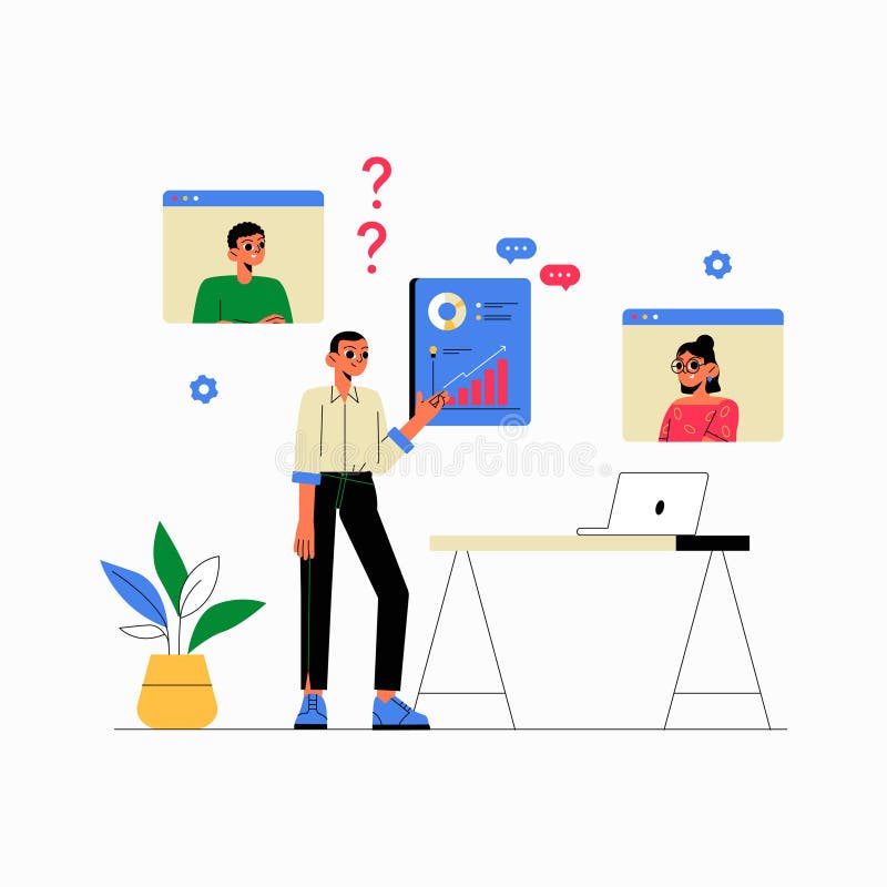 Male Presenter Explaining Chart in Virtual Meeting in Flat Vector ...