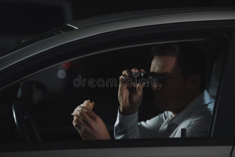 Man With Binoculars Private Detective Agent Or Investigator Looking Out The Window Man Spying