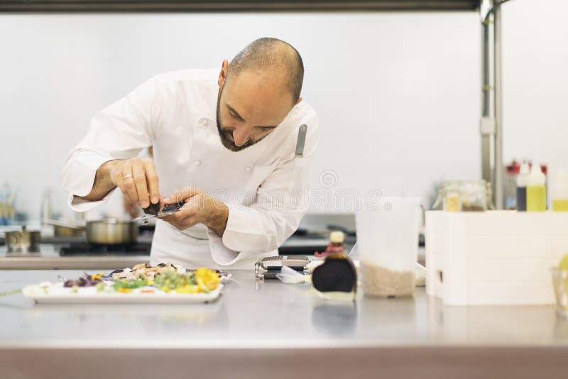 Male Professional Chef Cooking in a Kitchen. Stock Image - Image of ...