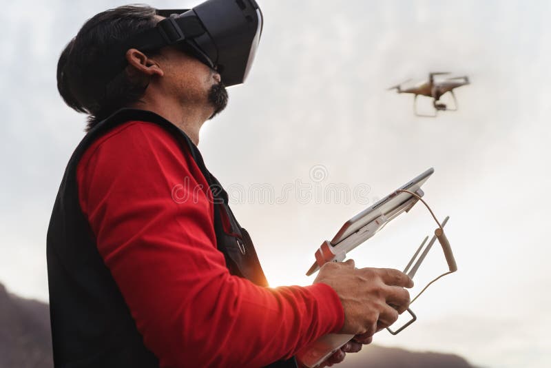 Male Professional Pilot Doing Fpv Experience with Virtual Reality ...