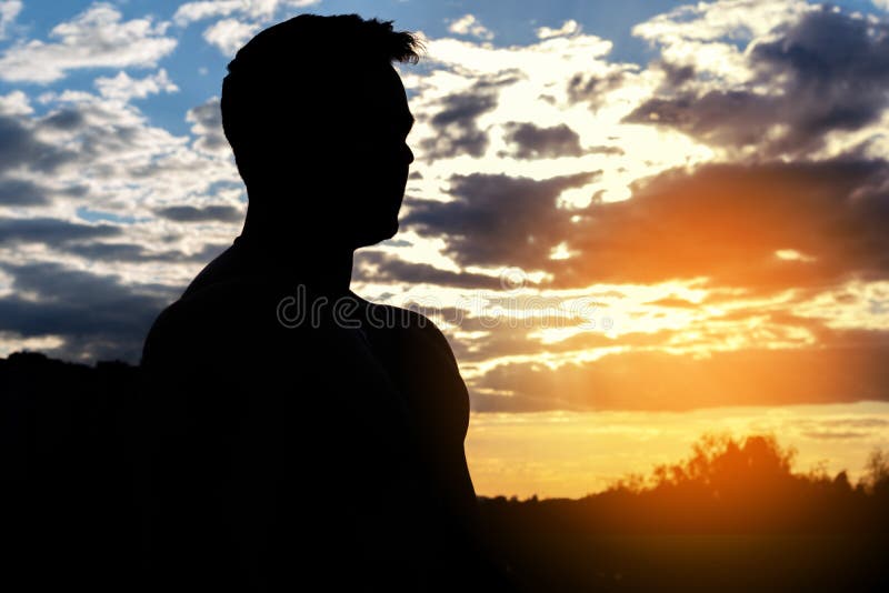 Male Profile Silhouette on Sunset. Stock Image - Image of people ...