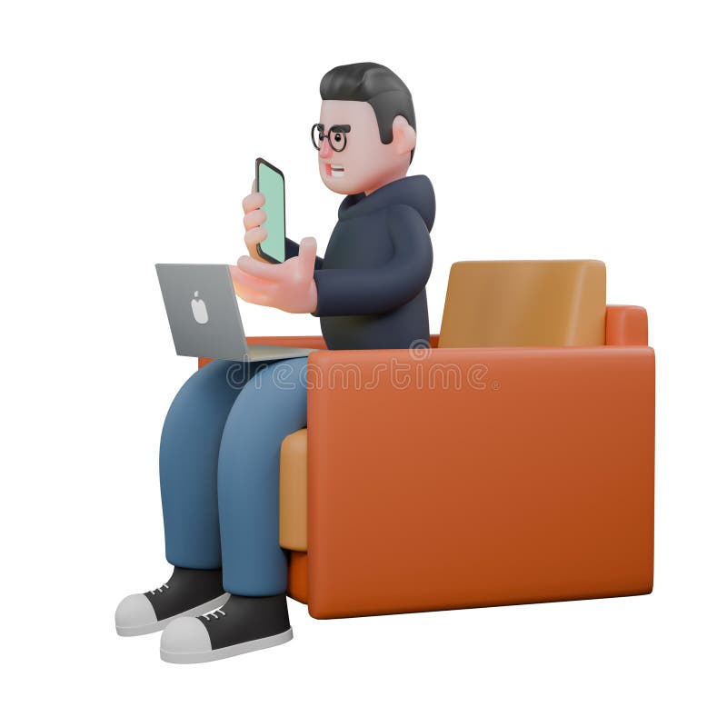 A Male Programmer Sits on a Sofa with a Laptop on His Lap and a Mobile ...