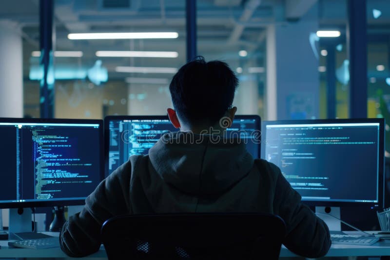 Male Programmer Coding In A Dark Room With Dual Monitors Stock Illustration Illustration Of