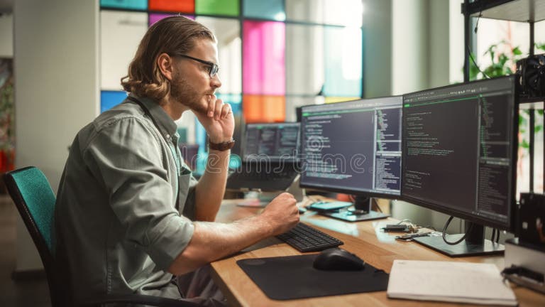 Male Programmer Coding on Desktop Computer with Two Monitors Set Up in ...