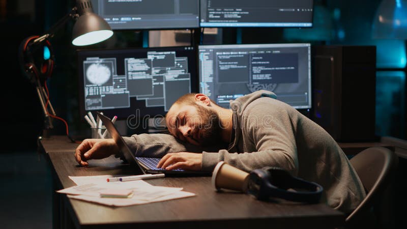 Male Programmer Falling Asleep on Office Desk Stock Photo - Image of ...