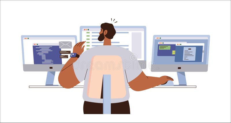 Male Programmer Freelancer Working on Multi Display Computer Workspace ... Male Programmer Freelancer Working on Multi Display Computer Workspace ...