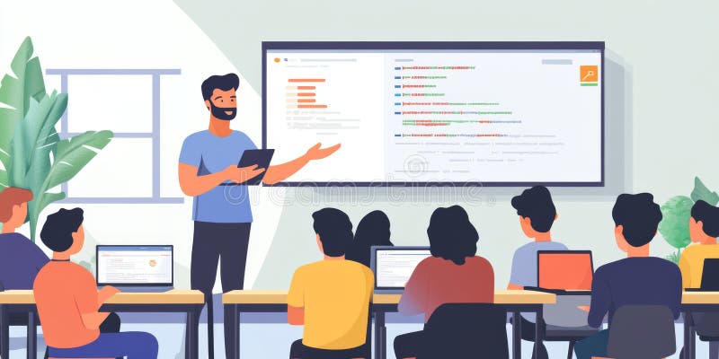 A Male Programmer is Giving an it Lecture To Students in Front of the ...