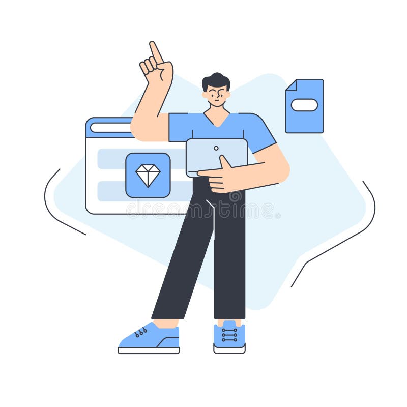 Male Programmer Having Innovation Idea Working With Database Coding Process Use Laptop Vector