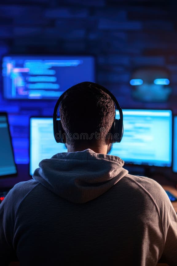 Male Programmer in Headphones Coding at Night in Dimly Lit Room Stock ...