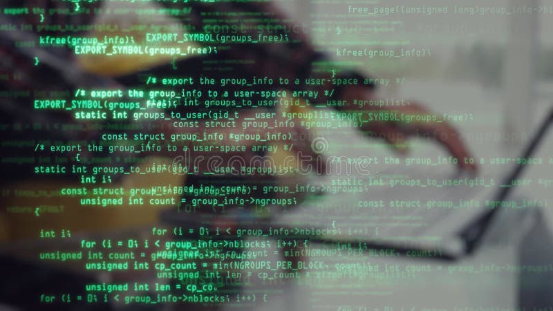 Male Programmer Types Program Code on Laptop. Green Source Code Overlay ...