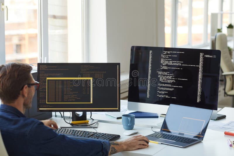 Male It Programmer Using Computers With Code On Screen Stock Image Image Of Typing Computer 5290