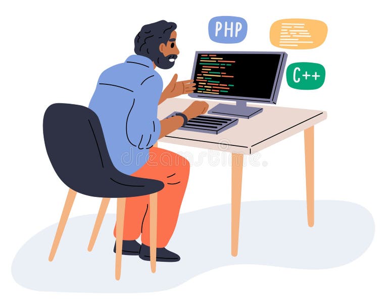 Male Programmer Works at Computer. Software Programming and Coding. Digital Technology ...