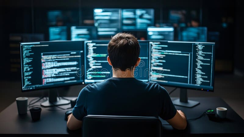 Male Programmer Works Intently At Computer With Multiple Screens Displaying Code Atmosphere Is