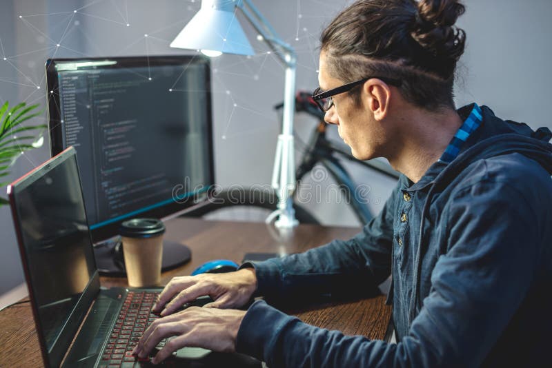 Programmer Profession Man Writing Programming Code On Laptop Stock Image Image Of Hire