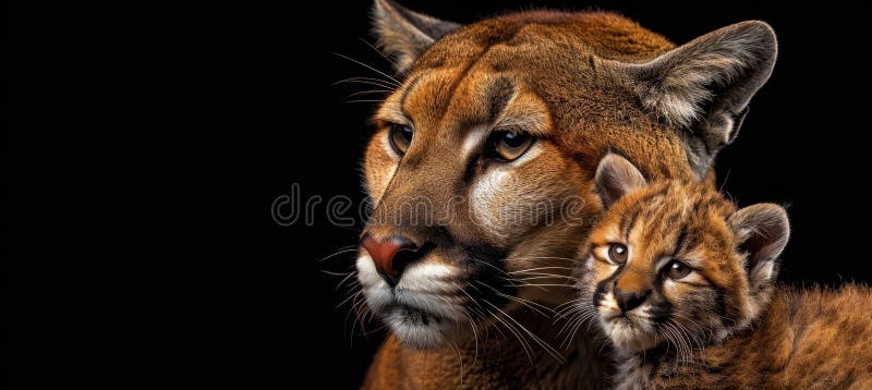 Male Puma and Cub Portrait with Ample Empty Space on the Left Side for ...
