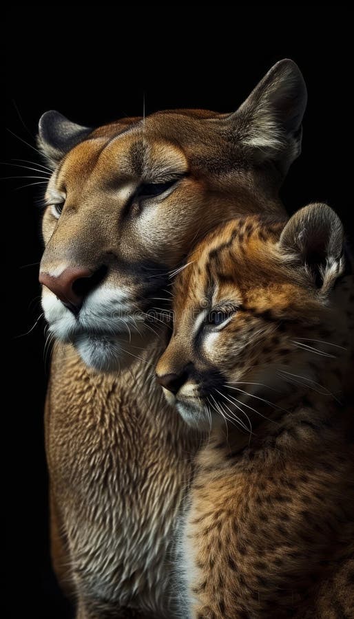 Male Puma and Cub Portrait with Ample Text Space on the Left for ...