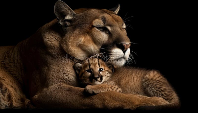 Male Puma and Cub Portrait with Space for Text, Object on Right Side ...