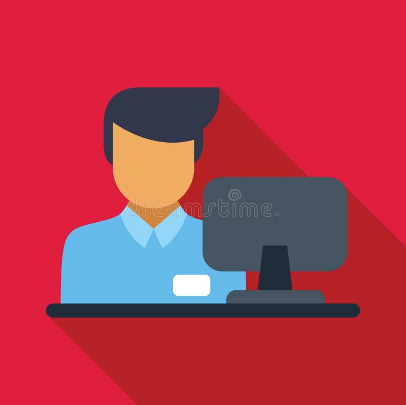 Male Receptionist Working at Reception Desk with Computer Stock Vector ...