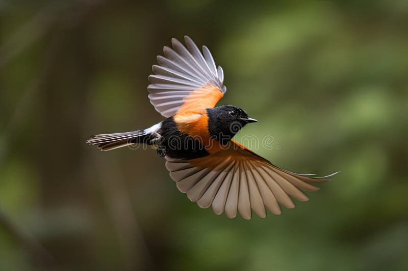 Male Redstart Bird in Flight Above Forest Canopy Stock Illustration ...