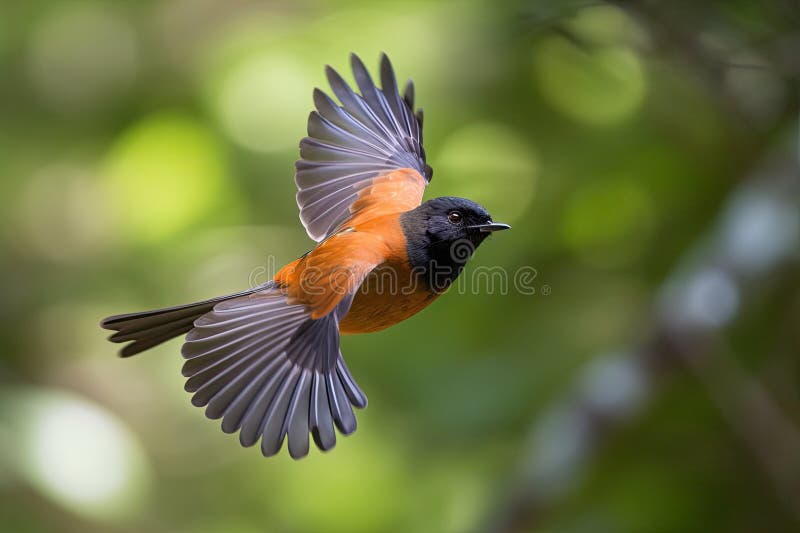 Male Redstart Bird Flying through Forest Canopy, with View of the Trees ...