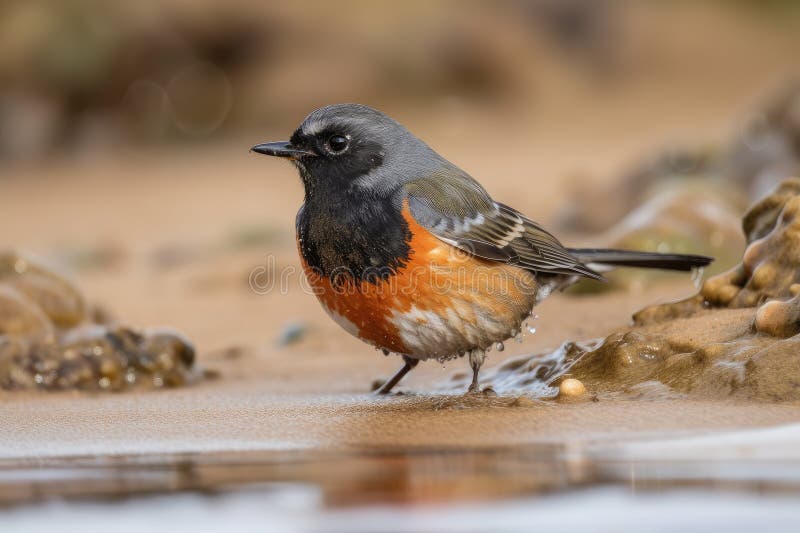 Male Redstart Bird with Its Head in the Sand, Ready To Catch a Fish ...