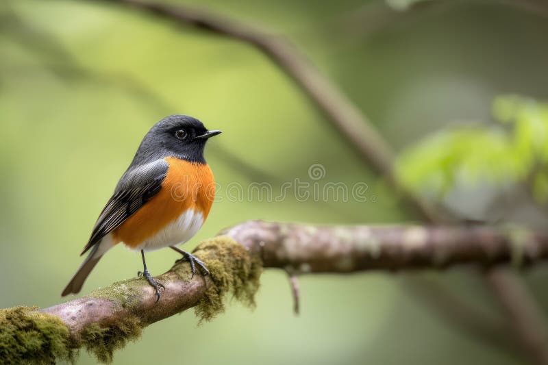 Male Redstart Bird Perched Atop Branch, Looking Out at the Forest Stock ...