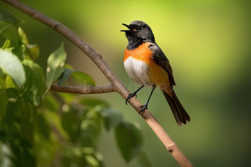 Male Redstart Bird Preening Its Feathers after a Bath in the Lake Stock ...