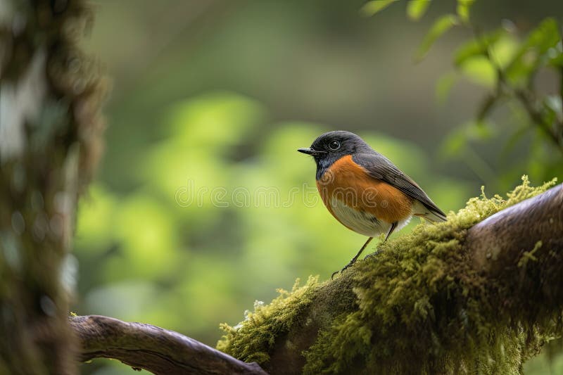 Male Redstart Bird Perched on Tree Branch, Overlooking Lush Green ...