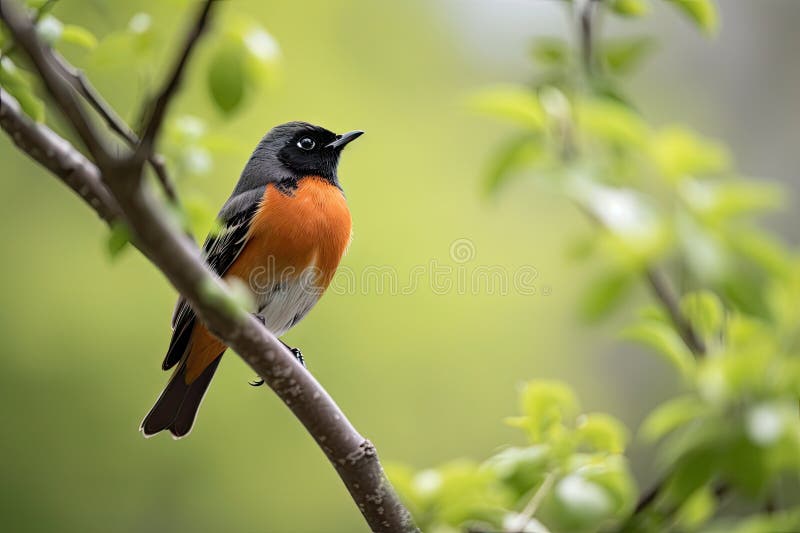 Male Redstart Bird Preening Its Feathers after a Bath in the Lake Stock ...